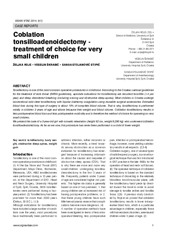 (PDF) Coblation tonsilloadenoidectomy – treatment of choice for very ...