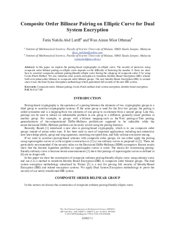 (PDF) Composite order bilinear pairing on elliptic curve for dual system encryption