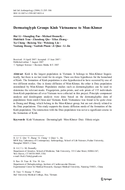 (PDF) Dermatoglyph Groups Kinh Vietnamese to Mon-Khmer