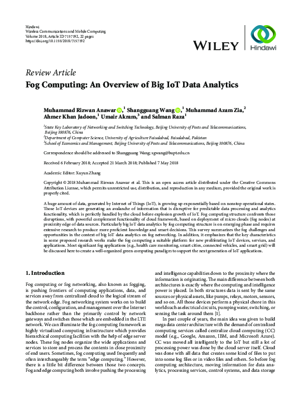 Pdf Fog Computing An Overview Of Big Iot Data Analytics