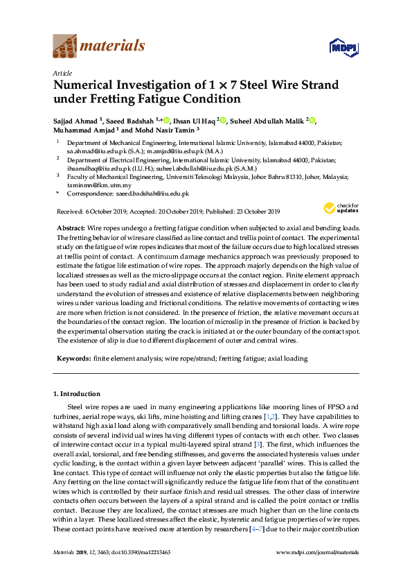 (PDF) Numerical Investigation of 1 × 7 Steel Wire Strand under Fretting ...