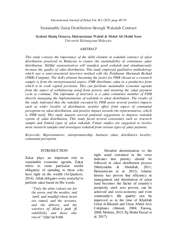 (PDF) Sustainable Zakat Distribution through Wakalah Contract