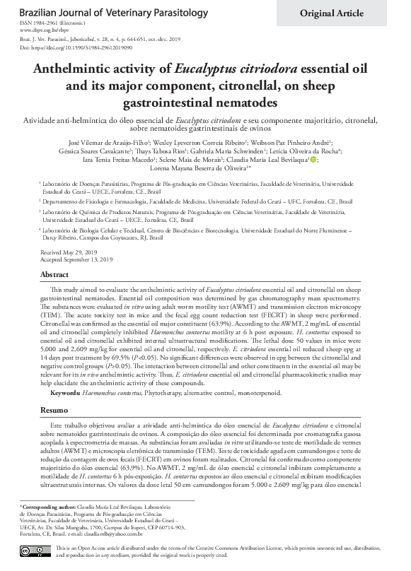 (PDF) Anthelmintic activity of Eucalyptus citriodora essential oil and ...