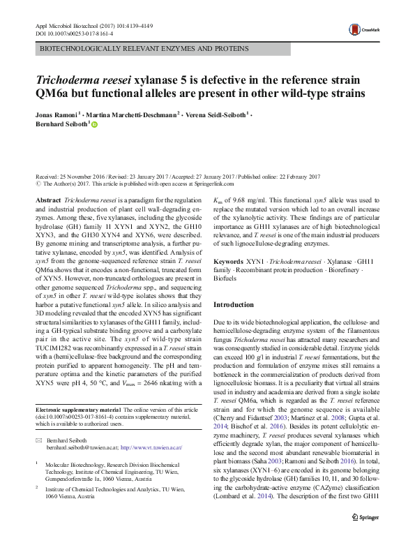 (PDF) Trichoderma reesei xylanase 5 is defective in the reference strain QM6a but functional ...