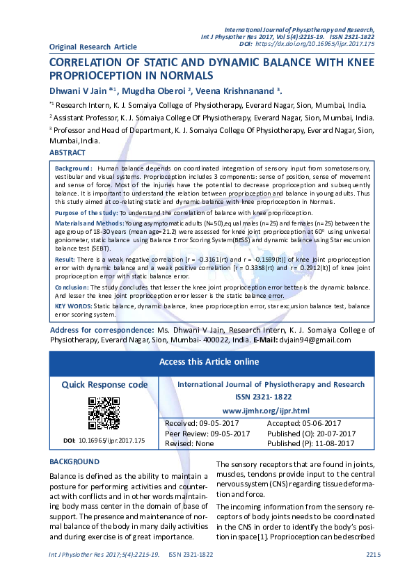 (PDF) Correlation of Static and Dynamic Balance with Knee ...
