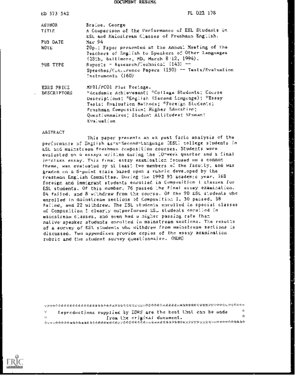 (PDF) A Comparison of the Performance of ESL Students in ESL and ...