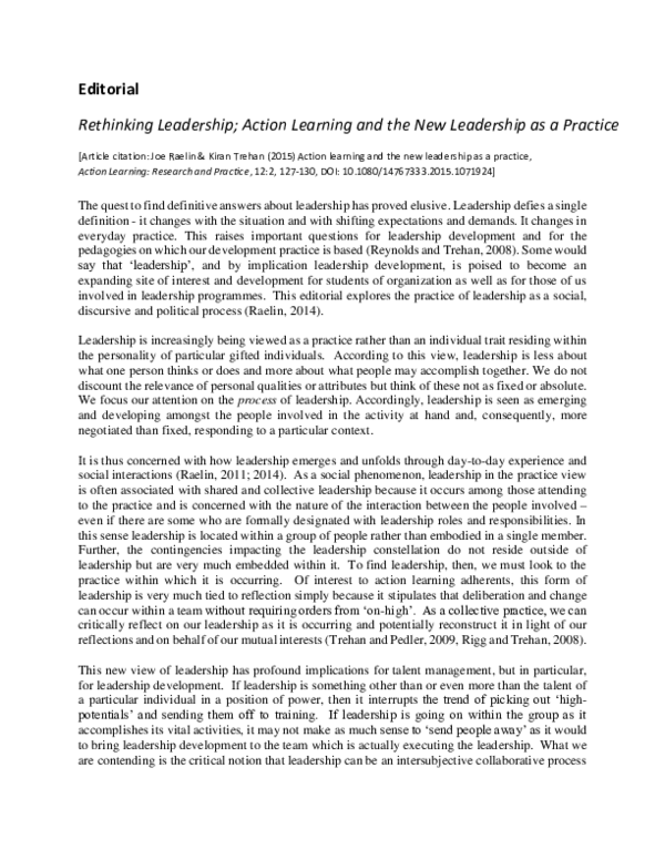 (PDF) Action learning and the new leadership as a practice