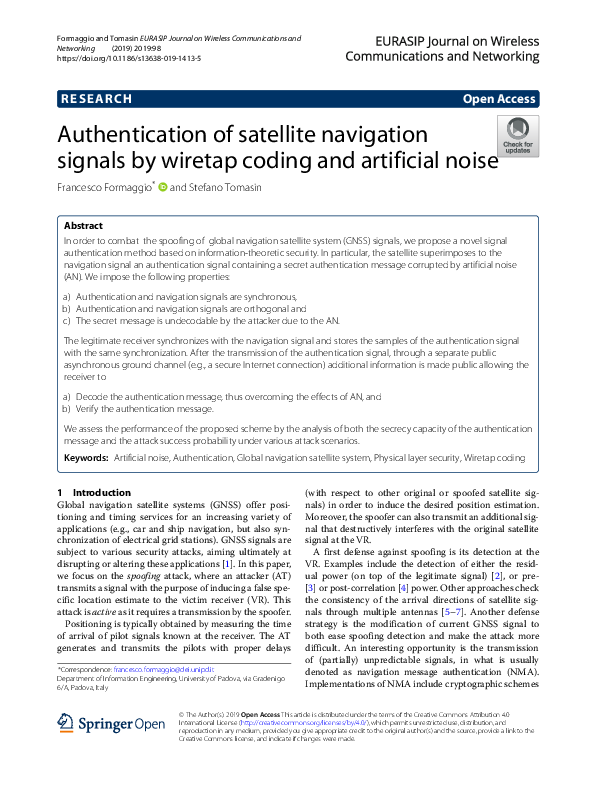 (PDF) Authentication of satellite navigation signals by wiretap coding and artificial noise