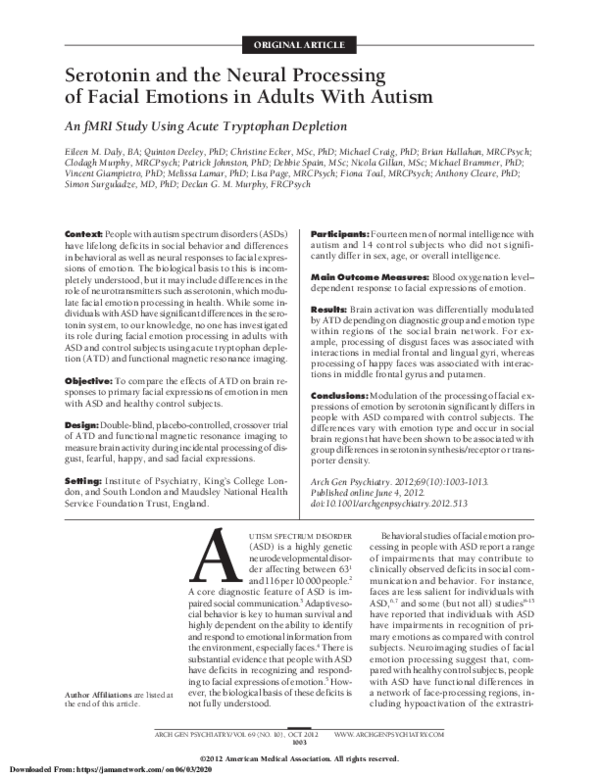 (PDF) Serotonin and the Neural Processing of Facial Emotions in Adults ...