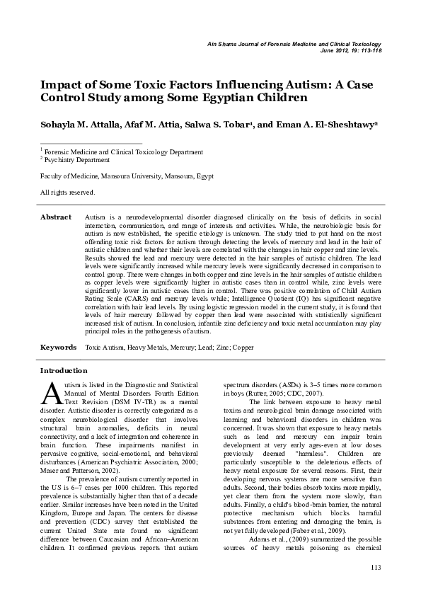(PDF) Impact of Some Toxic Factors Influencing Autism: A Case Control ...