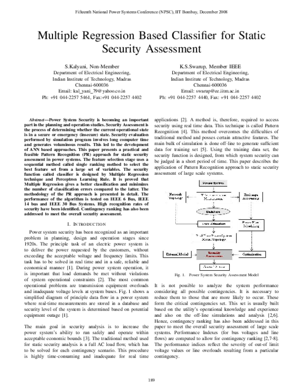 Pdf Multiple Regression Based Classifier For Static Security Assessment