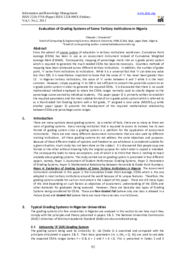 (PDF) Evaluation of Grading Systems of Some Tertiary Institutions in ...