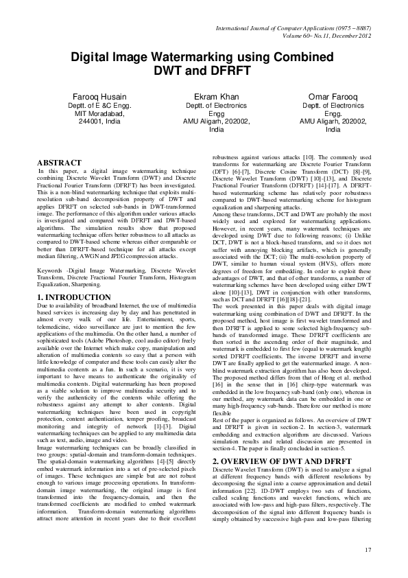 (PDF) Digital Image Watermarking using Combined DWT and DFRFT