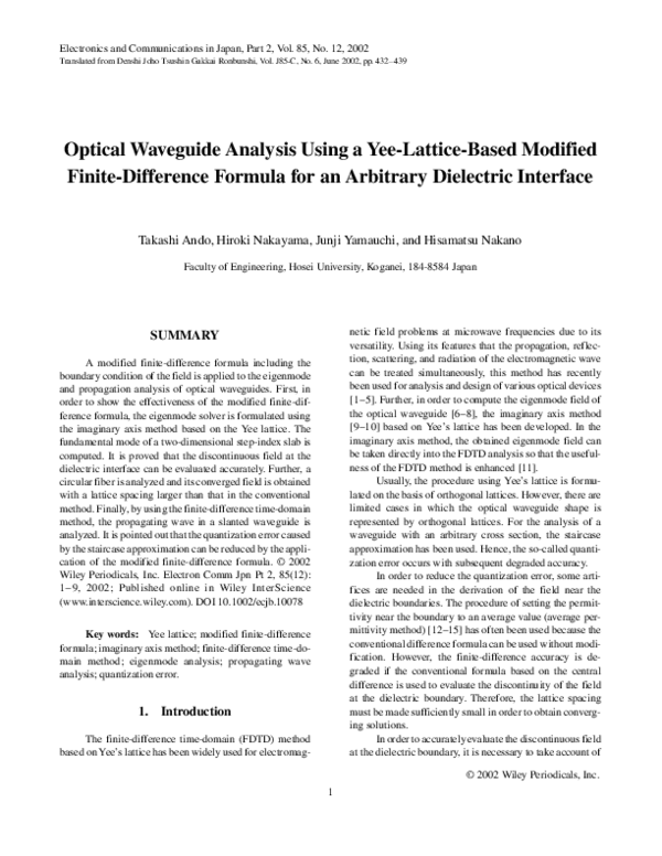 Pdf Optical Waveguide Analysis Using A Yee Lattice Based Modified Finite Difference Formula