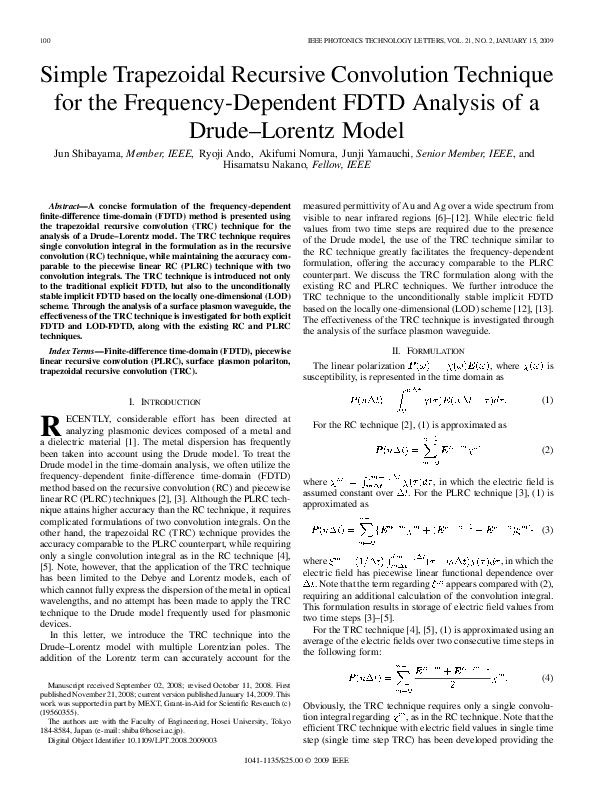 (PDF) Simple Trapezoidal Recursive Convolution Technique for the Frequency-Dependent FDTD ...
