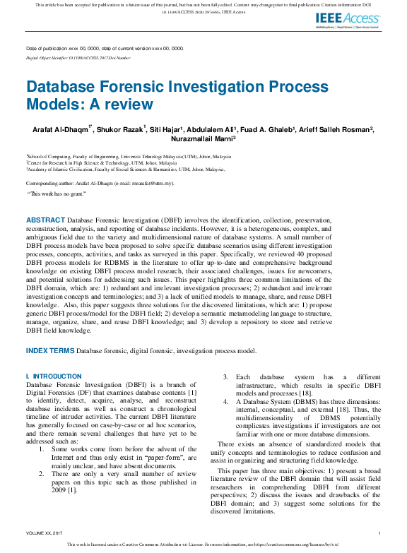Pdf Database Forensic Investigation Process Models A Review