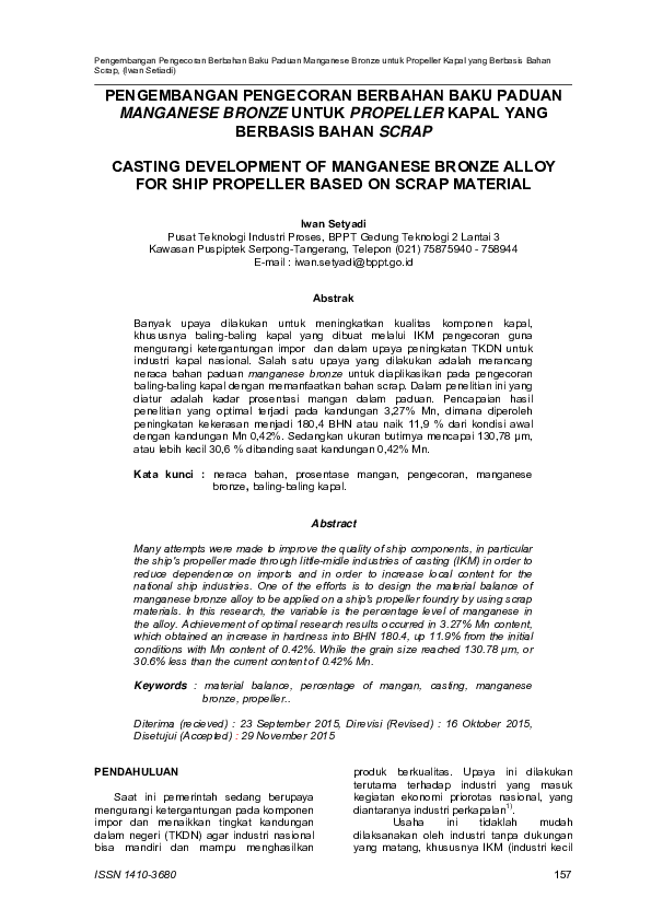 (PDF) Pengembangan Pengecoran Berbahan Baku Paduan Manganese Bronze Untuk Propeller Kapal Yang ...