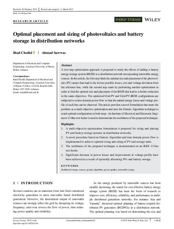 Pdf Optimal Placement And Sizing Of Photovoltaics And Battery Storage In Distribution Networks
