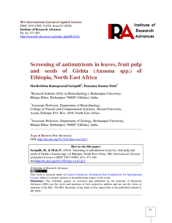 (PDF) Screening of antinutrients in leaves, fruit pulp and seeds of ...