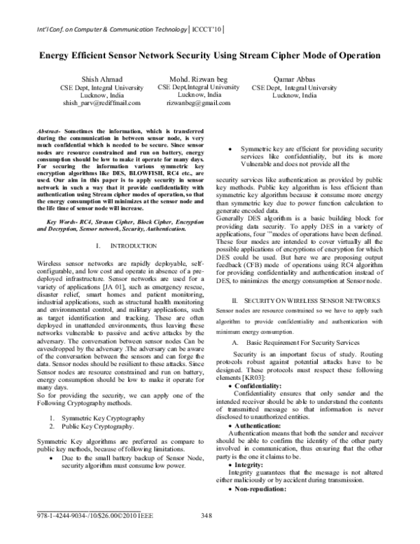 Pdf Energy Efficient Sensor Network Security Using Stream Cipher Mode Of Operation