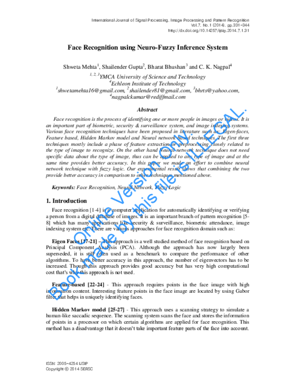 Face Recognition Using Neuro Fuzzy Inference System