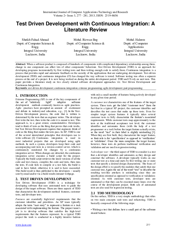 Pdf Test Driven Development With Continuous Integration A Literature Review