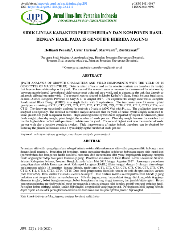 (PDF) Korelasi Dan Sidik Lintas Karakter Pertumbuhan Dan Komponen Hasil Dengan Hasil Pada 15 ...