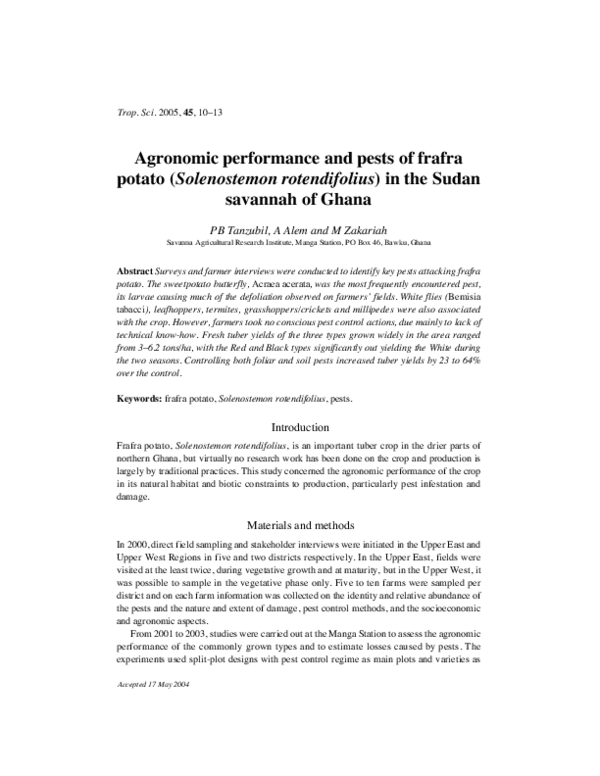 (PDF) Agronomic performance and pests of frafra potato (Solenostemon ...