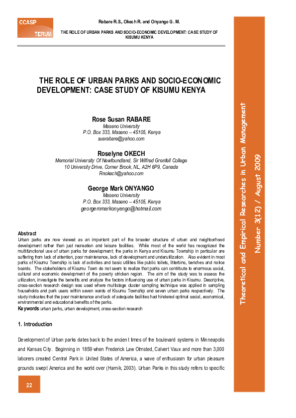 (PDF) The Role Of Urban Parks And Socio-Economic Development: Case ...