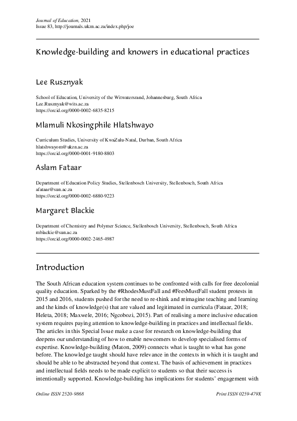 (PDF) Knowledge-building and knowers in educational practices