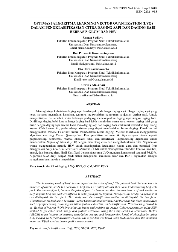 (PDF) Optimasi Algoritma Learning Vector Quantization (LVQ) Dalam Pengklasifikasian Citra Daging ...
