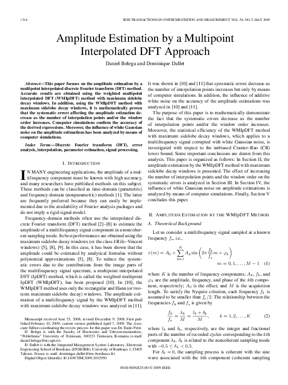 Pdf Amplitude Estimation By A Multipoint Interpolated Dft Approach