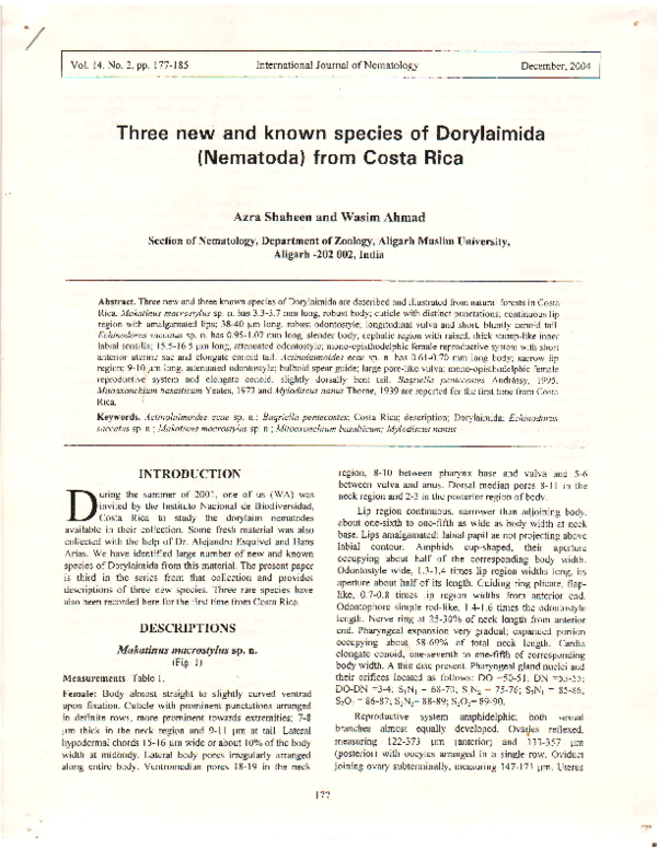 (PDF) Three new and known species of Dorylaimida (Nematoda) from Costa ...