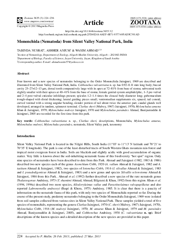 (PDF) Mononchida (Nematoda) from Silent Valley National Park, India