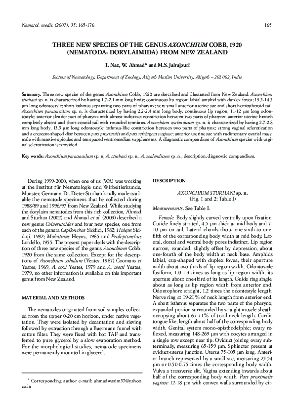 (PDF) Three new species of the genus Axonchium (Nematoda: Dorylaimida ...