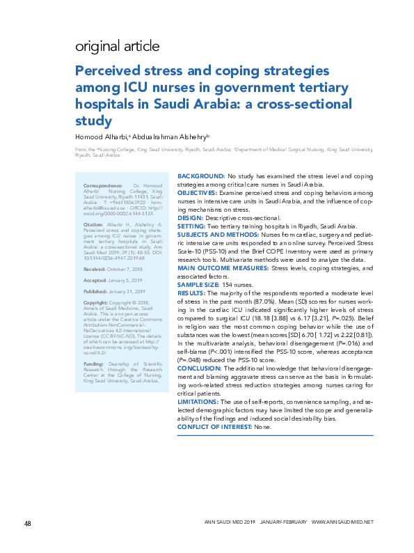 (PDF) Perceived stress and coping strategies among ICU nurses in government tertiary hospitals ...