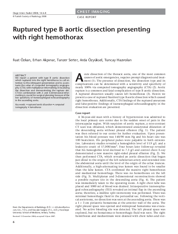 (PDF) Ruptured type B aortic dissection presenting with right hemothorax