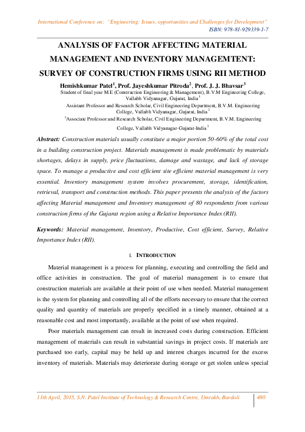 (PDF) ANALYSIS OF FACTOR AFFECTING MATERIAL MANAGEMENT AND INVENTORY MANAGEMTENT: SURVEY OF ...