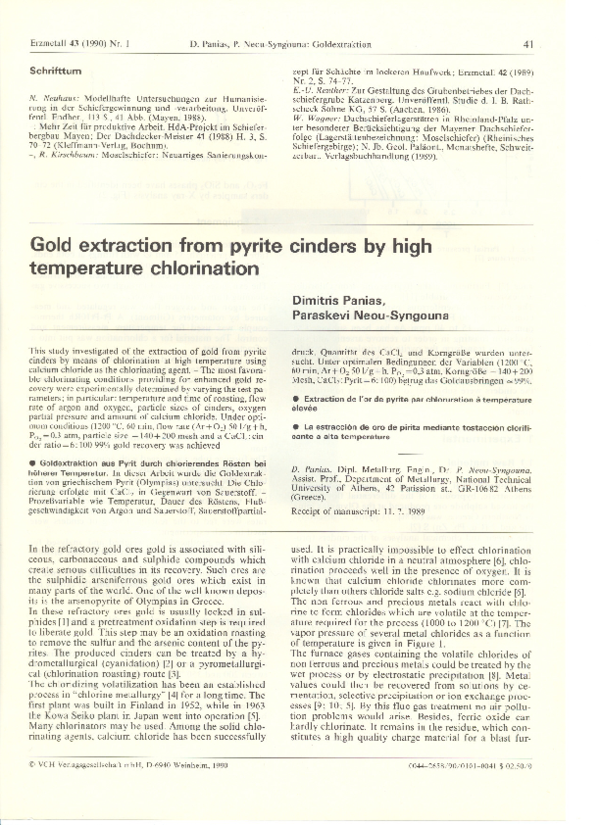 (PDF) Gold extraction from pyrite cinders by high temperature chlorination