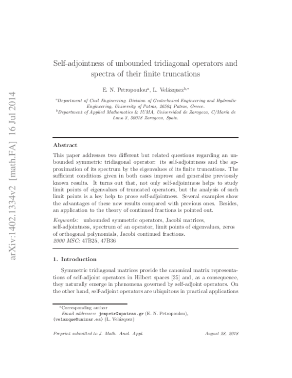 Pdf Self Adjointness Of Unbounded Tridiagonal Operators And Spectra