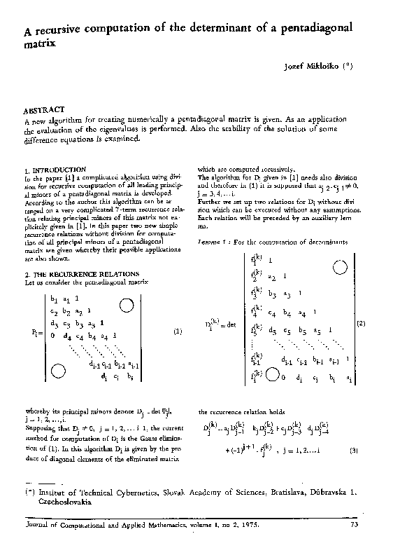 (PDF) A recursive computation of the determinant of a pentadiagonal matrix