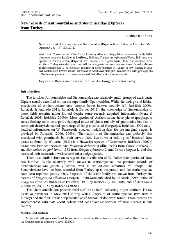 (PDF) New records of Anthomyzidae and Stenomicridae (Diptera) from Turkey