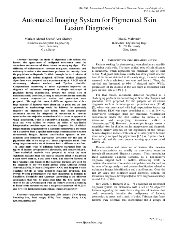 (PDF) Automated Imaging System for Pigmented Skin Lesion Diagnosis