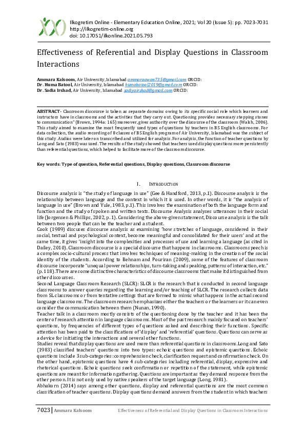 (PDF) Effectiveness of Referential and Display Questions in Classroom ...