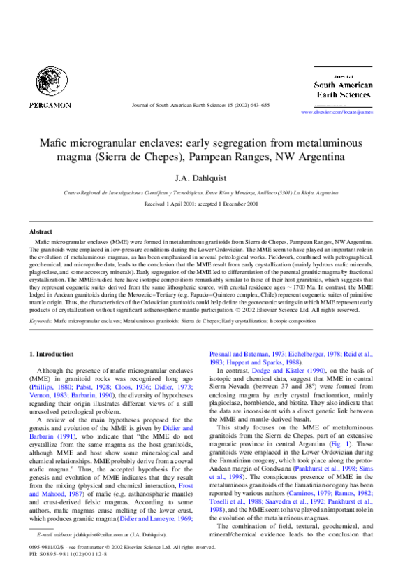 (PDF) Mafic microgranular enclaves: early segregation from metaluminous ...