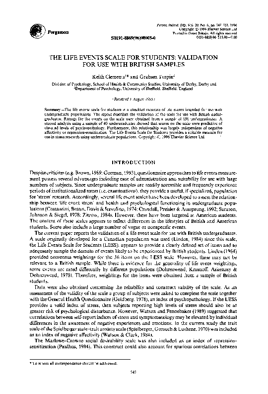 (PDF) The life events scale for students: Validation for use with ...