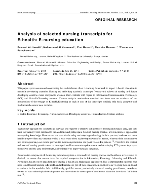 (PDF) Analysis of selected nursing transcripts for E-health/E-nursing ...