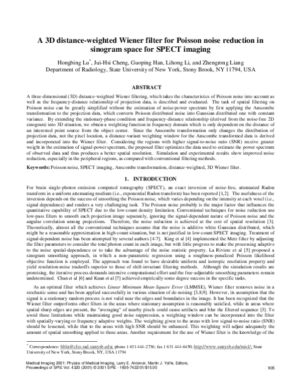 (PDF) 3D distance-weighted Wiener filter for Poisson noise reduction in sinogram space for SPECT ...