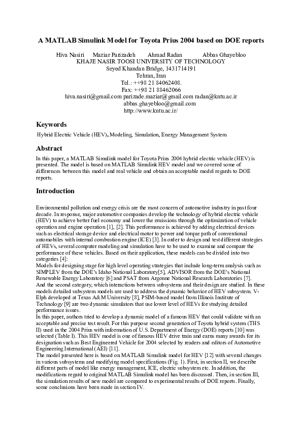 (PDF) A MATLAB Simulink model for Toyota Prius 2004 based on DOE reports