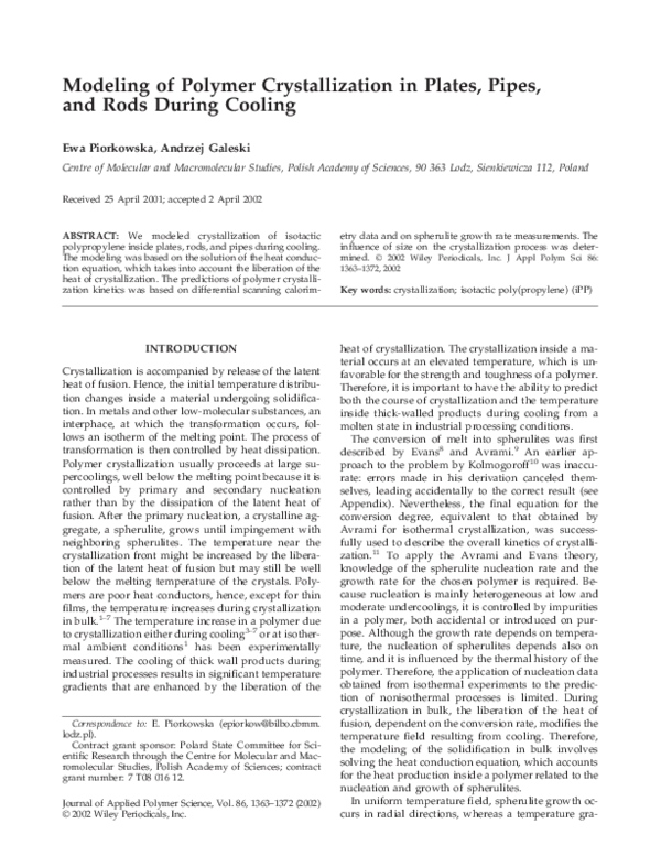 (PDF) Modeling of polymer crystallization in plates, pipes, and rods ...